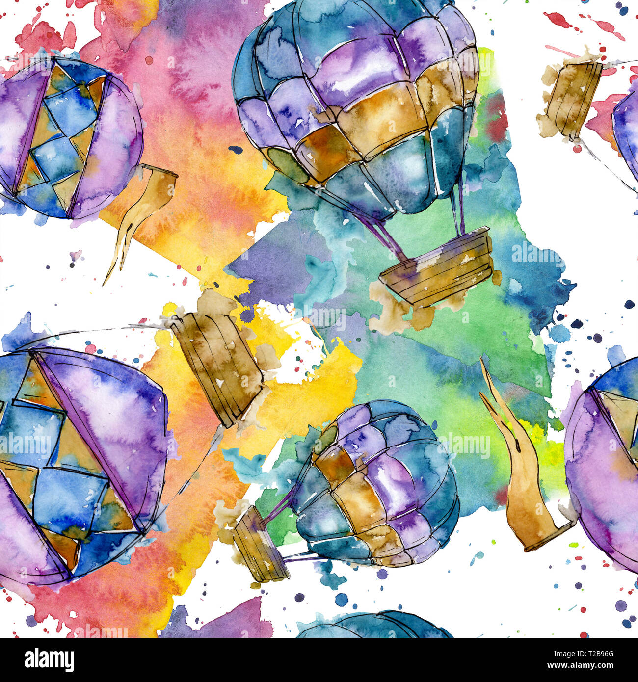 Hot air balloon background fly air transport. Watercolor background set ...