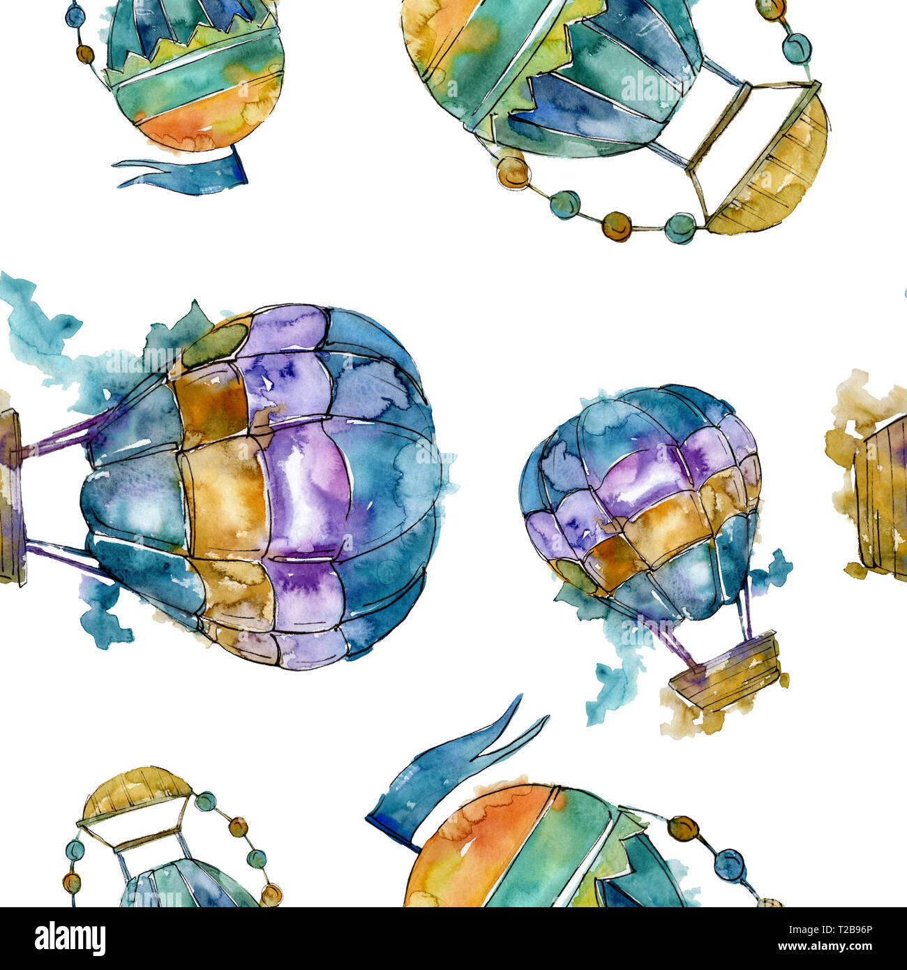 Hot air balloon background fly air transport. Watercolor background set ...