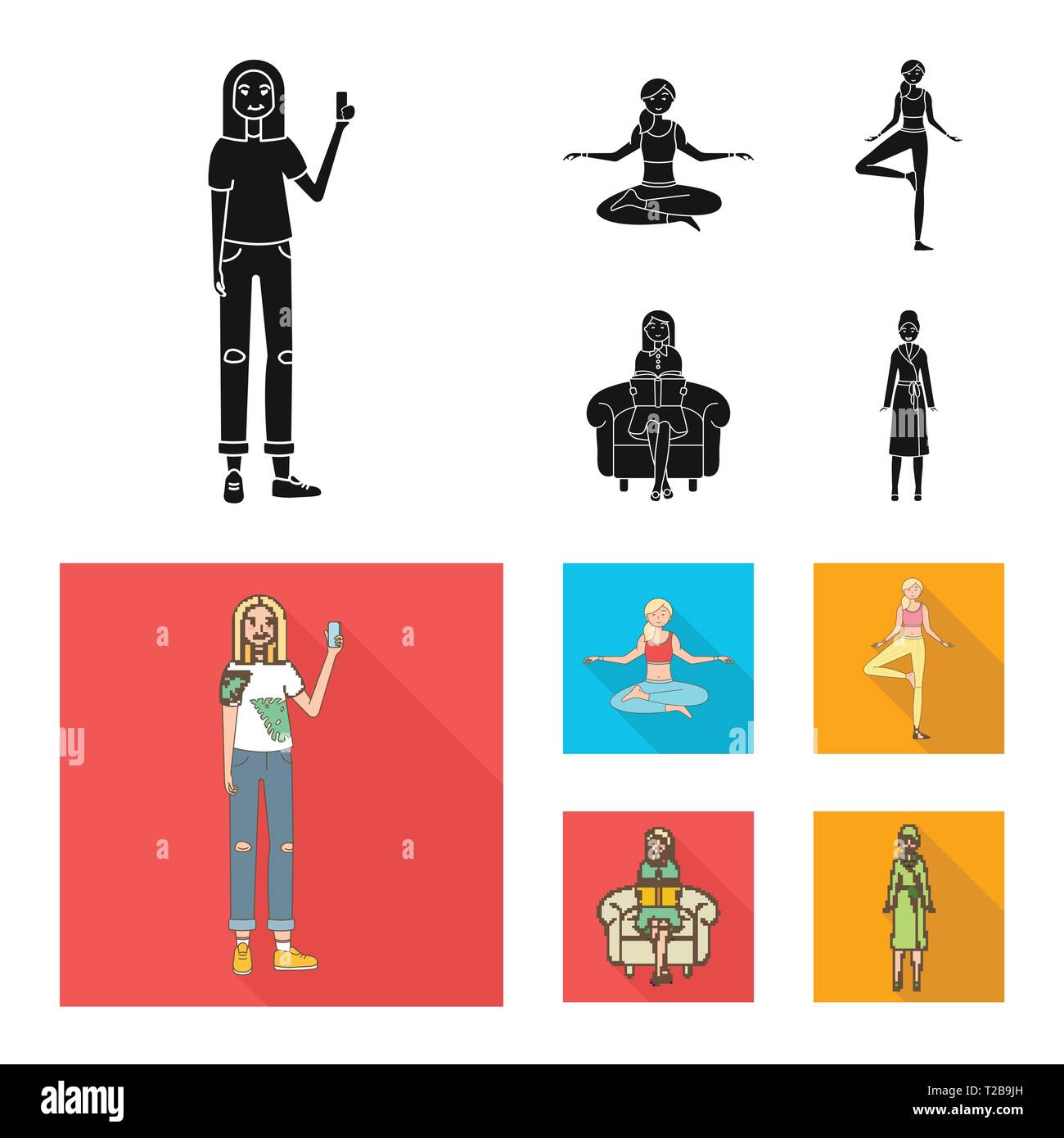 Vector illustration of posture and mood icon. Set of posture and female ...
