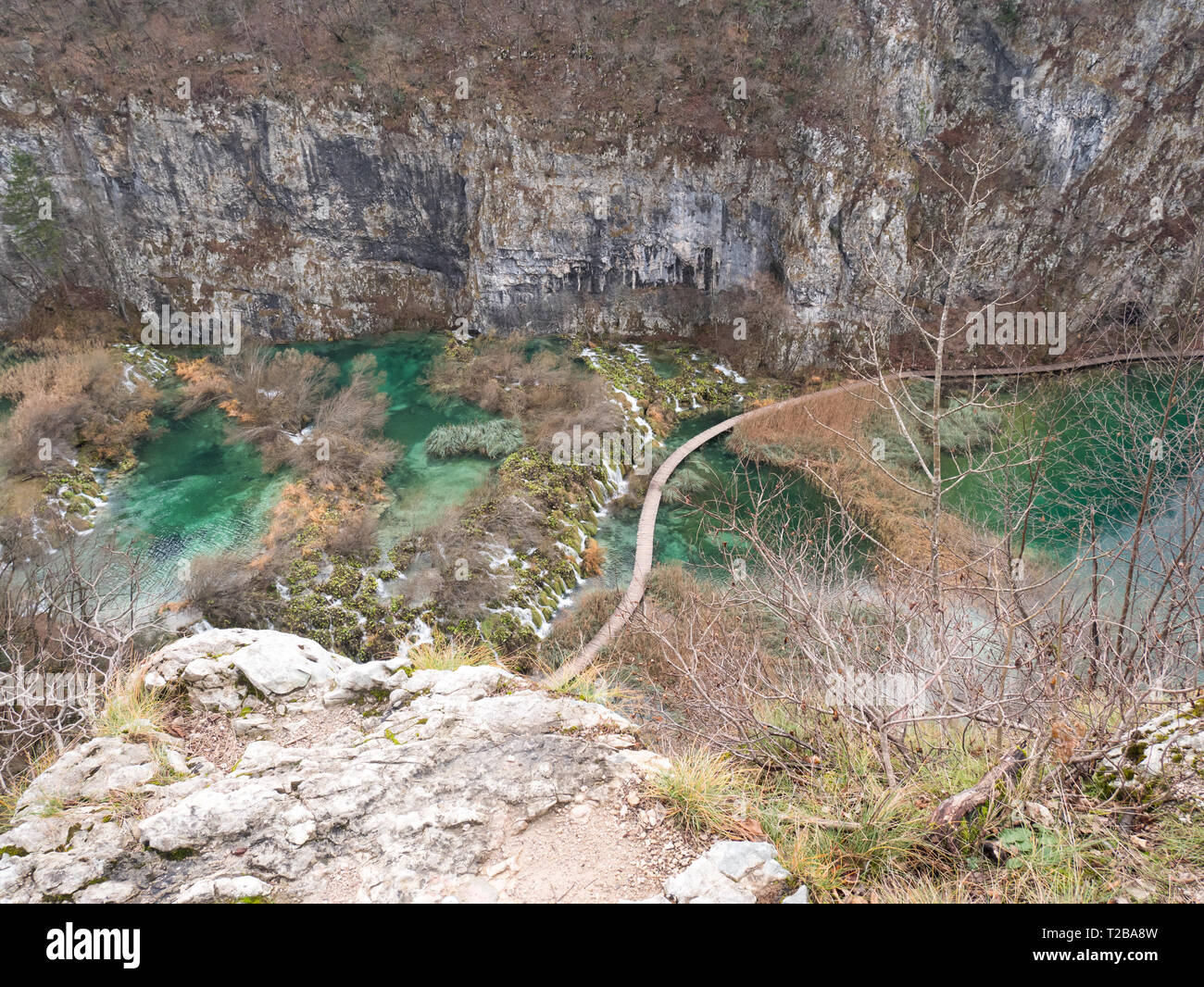 Wooden bridge in nature park Plitvice lakes in Croatia aerial view ...