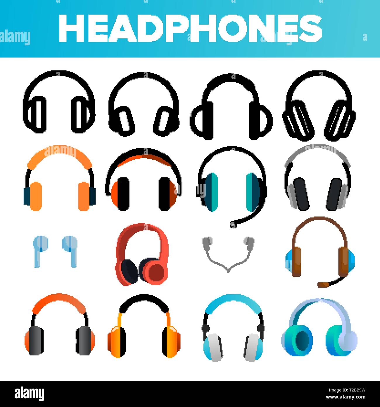 Headphones Icon Set Vector. Audio Stereo Headphones Icons. Volume ...