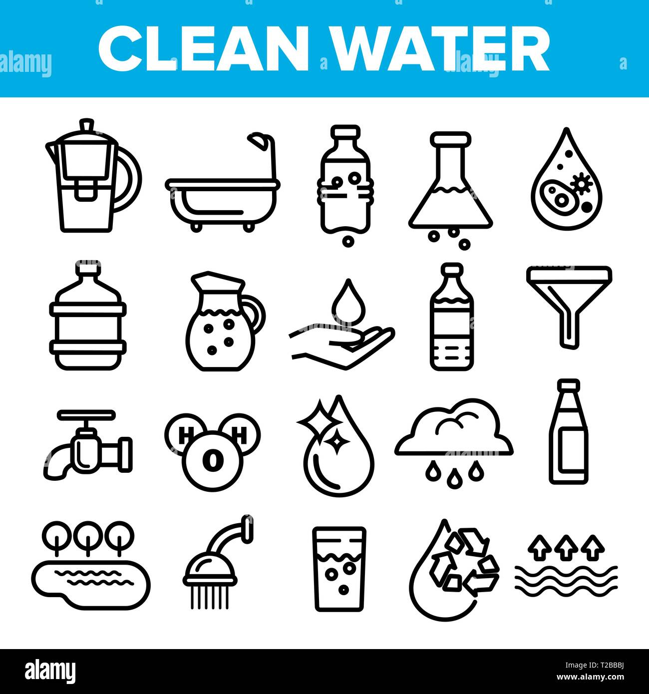 Clean Water Line Icon Set Vector. Nature Care. Drop Fresh Clean Water ...