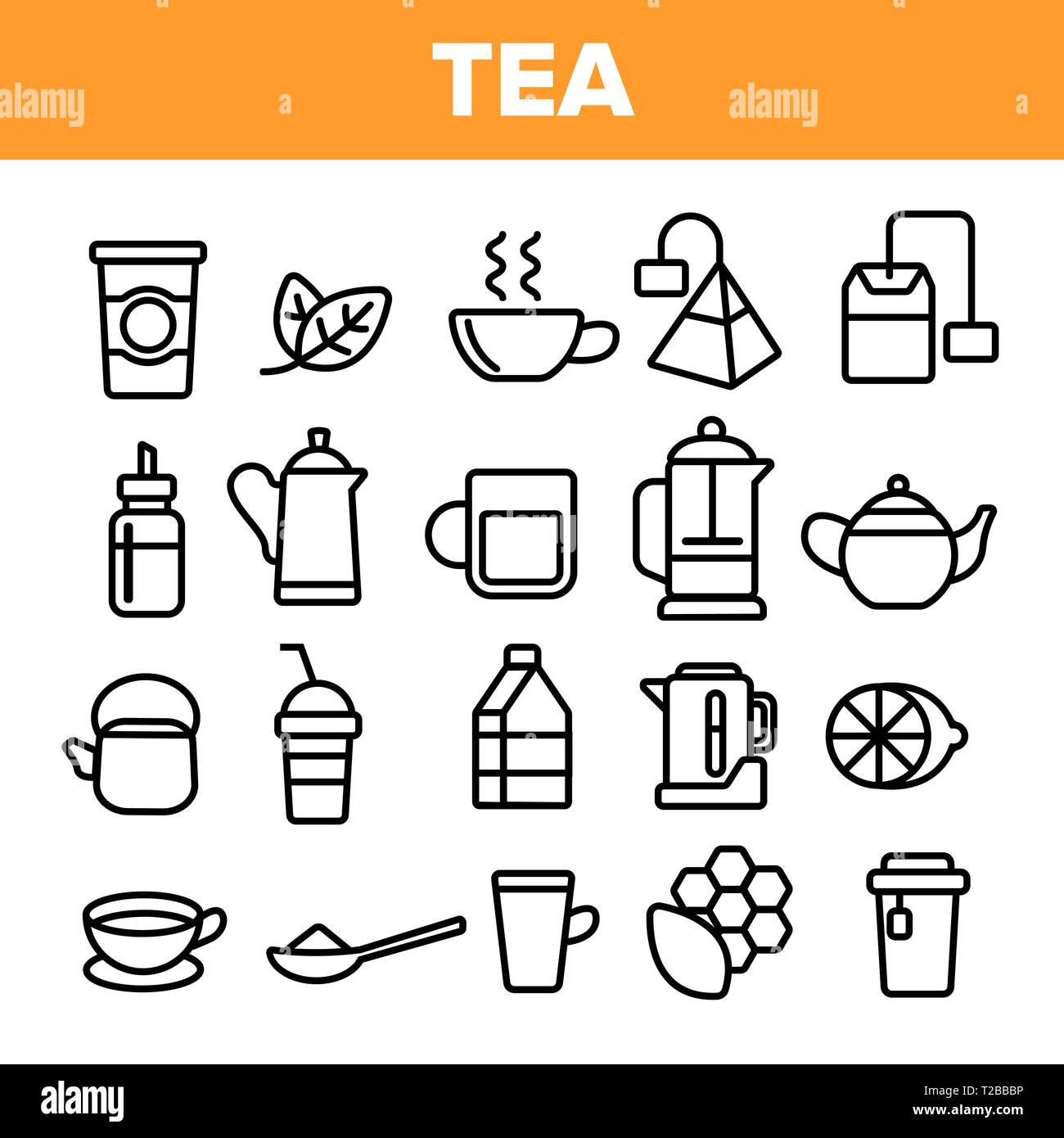 Tea Line Icon Set Vector. Restaurant Label Design. Tea Drink Icons ...