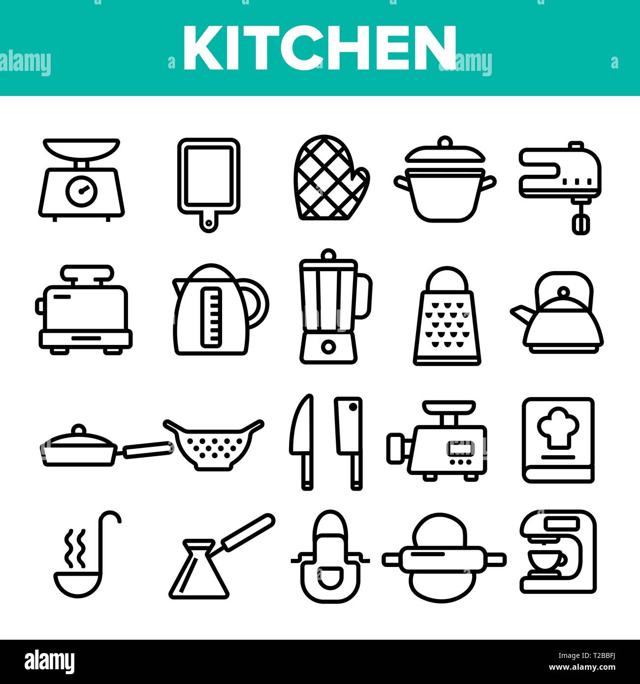 Kitchenware Line Icon Set Vector. Home Kitchen Tools Symbol. Classic ...