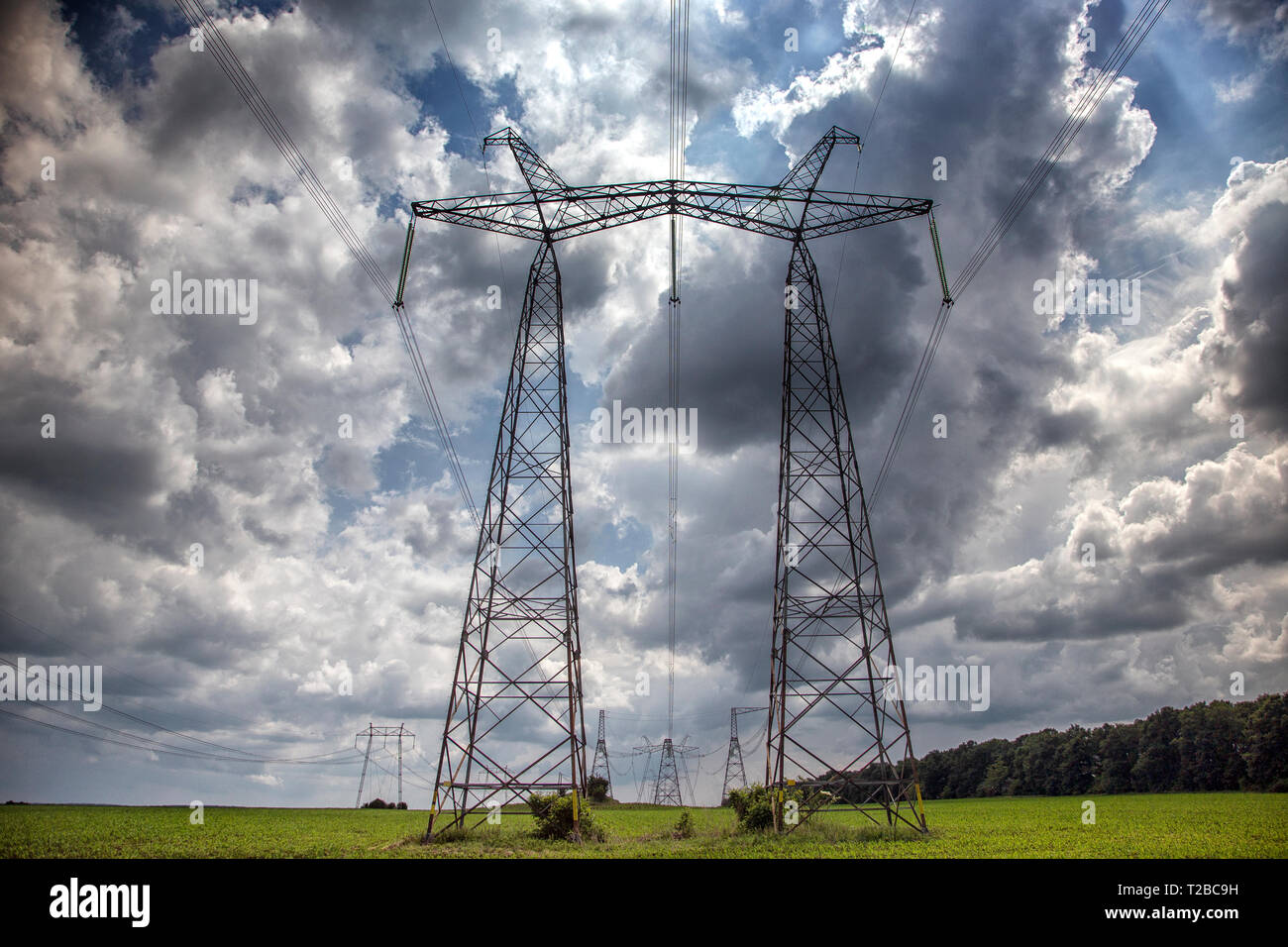 Big power pole in green field Stock Photo - Alamy