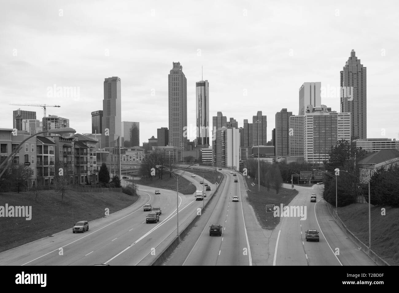 Black & white image of Freedom Parkway and the Atlanta skyline, in ...