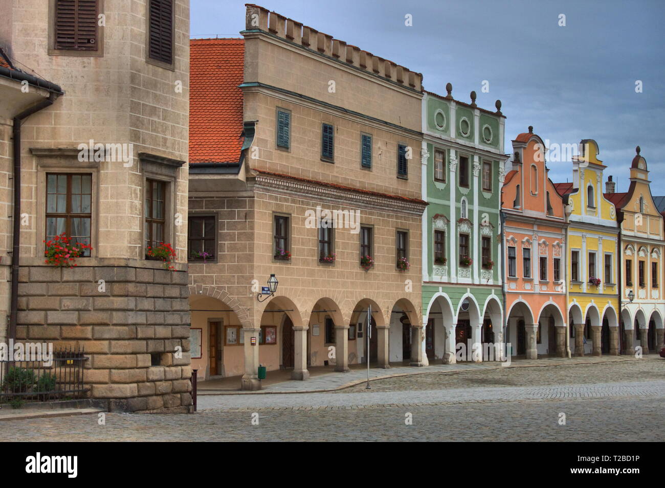 Renaissance houses in the main square of Telc, Czech Republic Stock ...