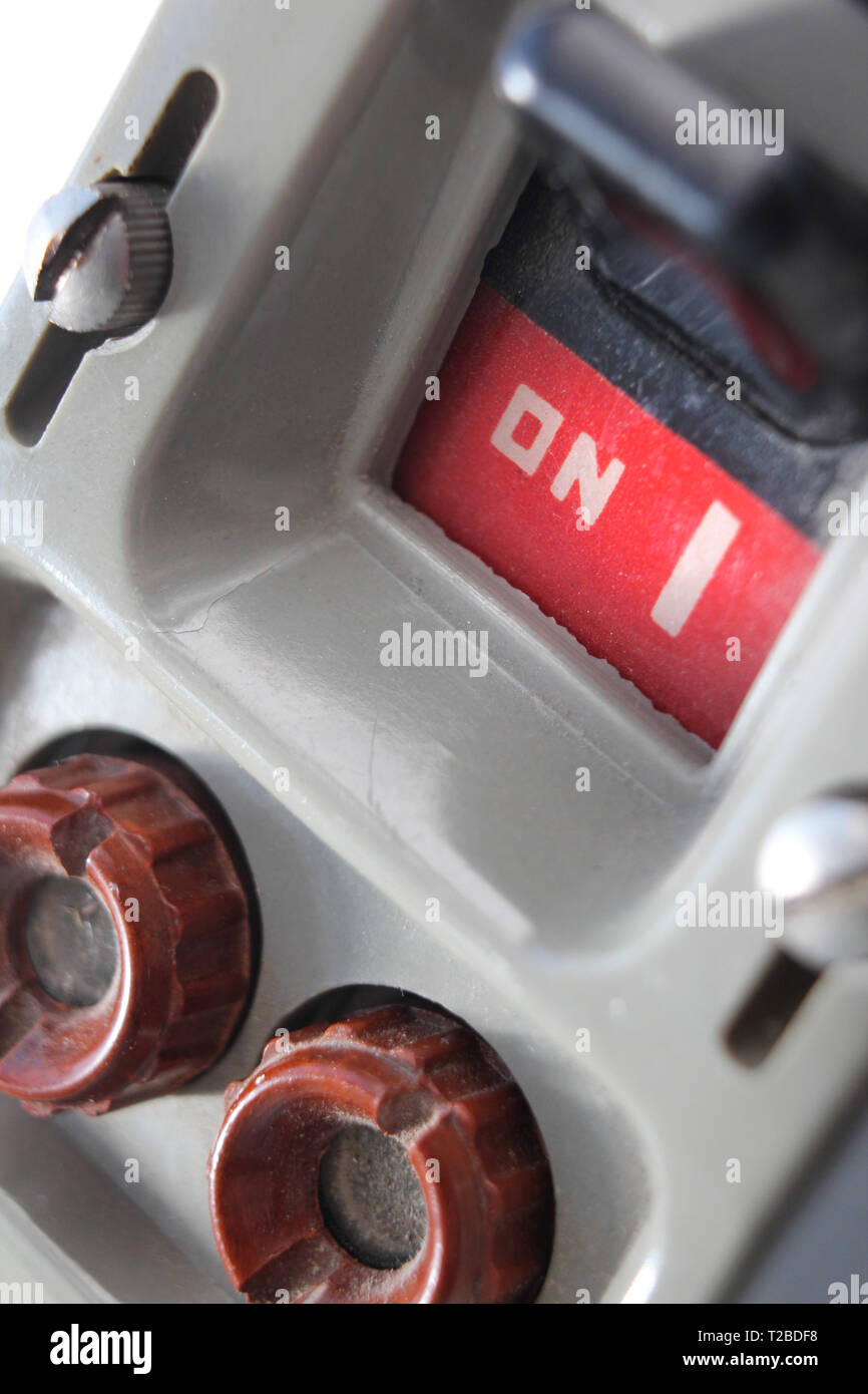 Vintage safety switch in on position with fuses, isolated on white ...