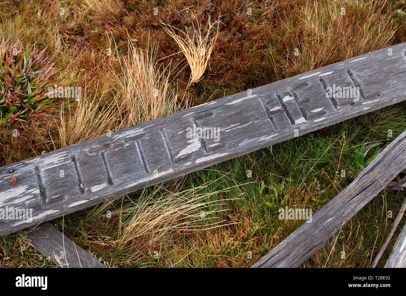 Wooden sign for Little Hell bush walking and cross country skiing route ...