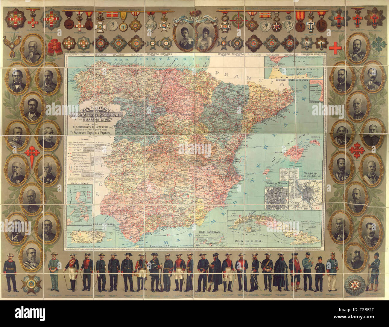 Illustrated map of the Kingdom of Spain and its remaining colonial ...