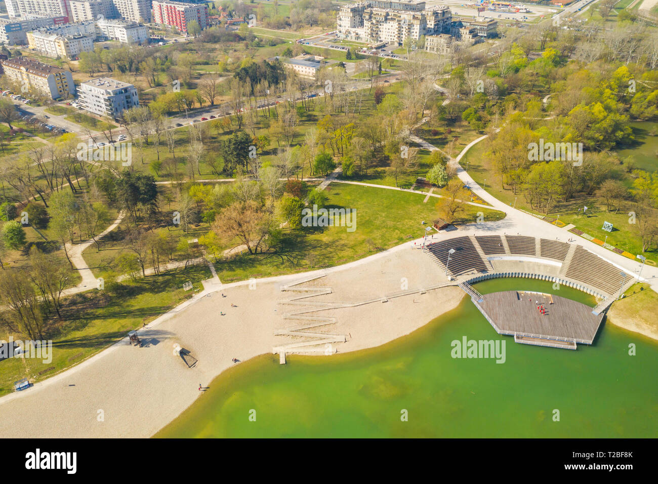 Croatia, Zagreb city, Bundek lake from drone, overhead view, green ...