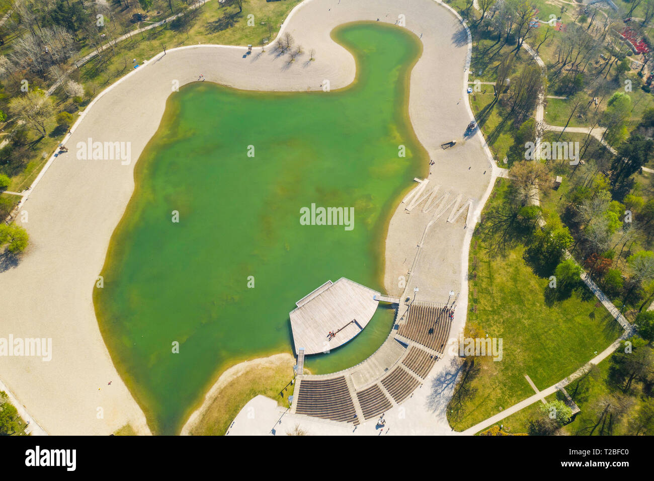 Croatia, Zagreb city, Bundek lake from drone, overhead view, green ...
