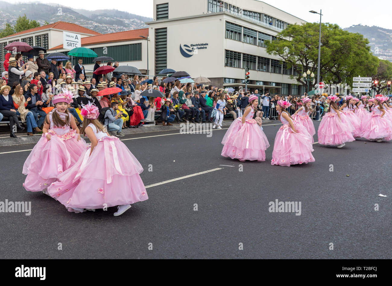 Funchal; Madeira; Portugal - April 22; 2018: A group of girls in pink ...