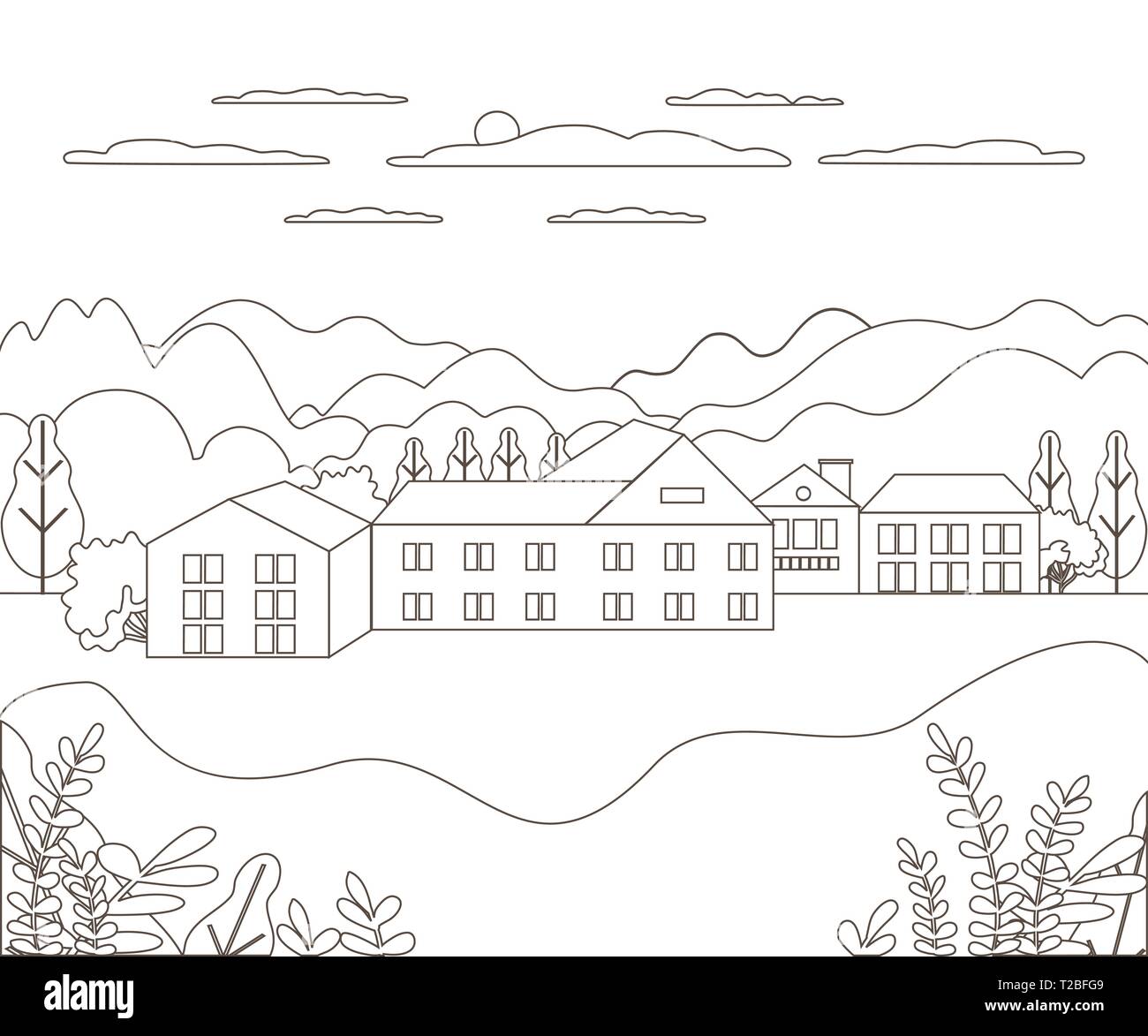Thin line outline landscape rural farm. Panorama outdoor design village ...