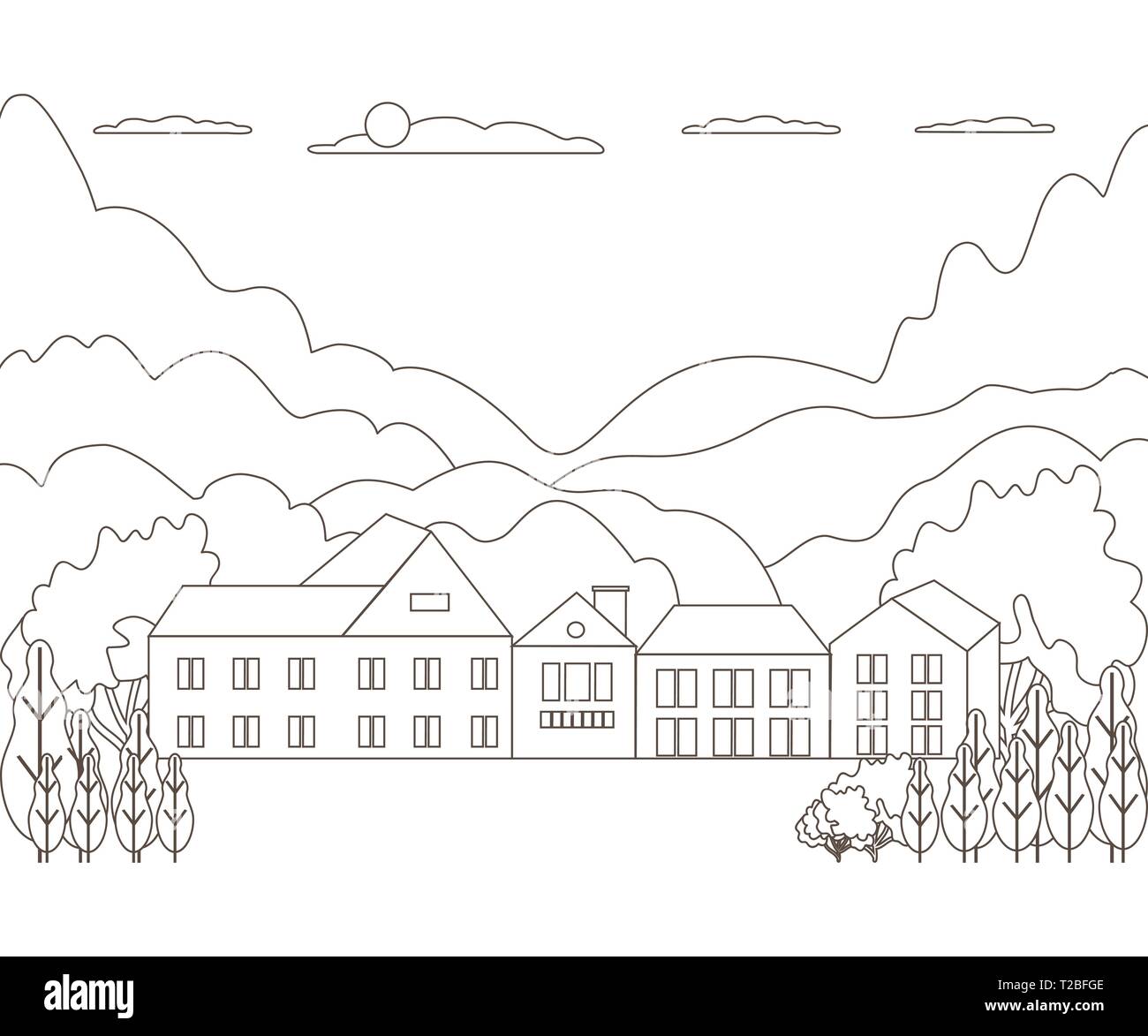 Thin line outline landscape rural farm. Panorama outdoor design village ...