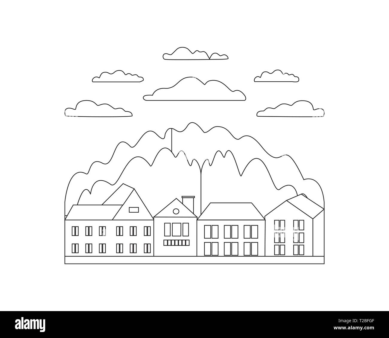 Thin line outline landscape rural farm. Symbol design village outdoor ...
