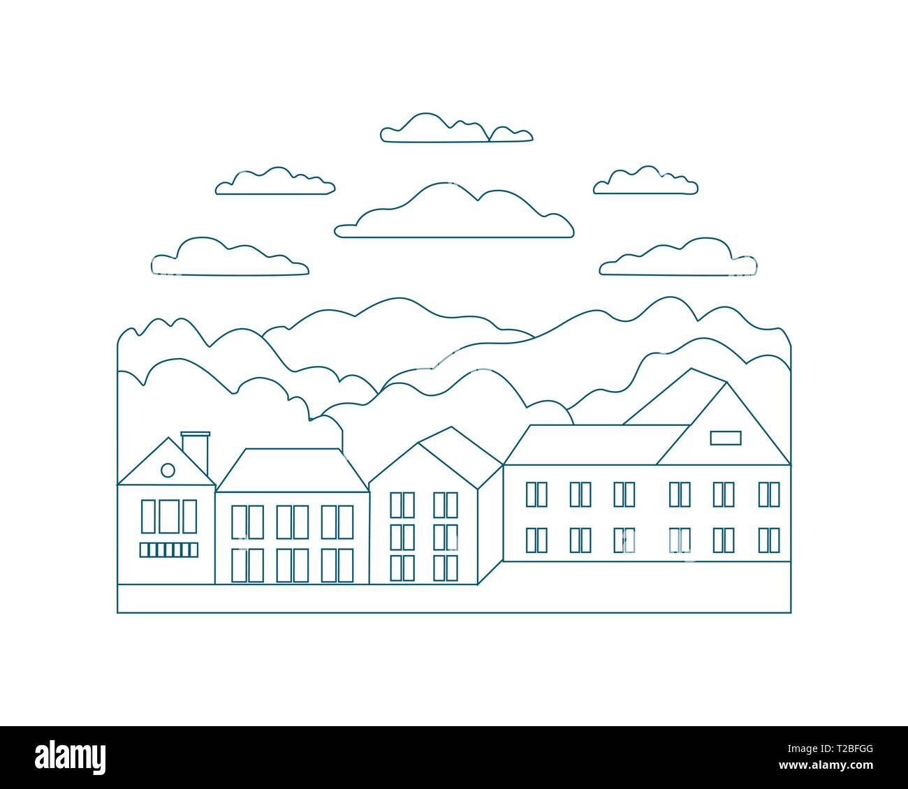 Thin line outline landscape rural farm. Symbol design village outdoor ...