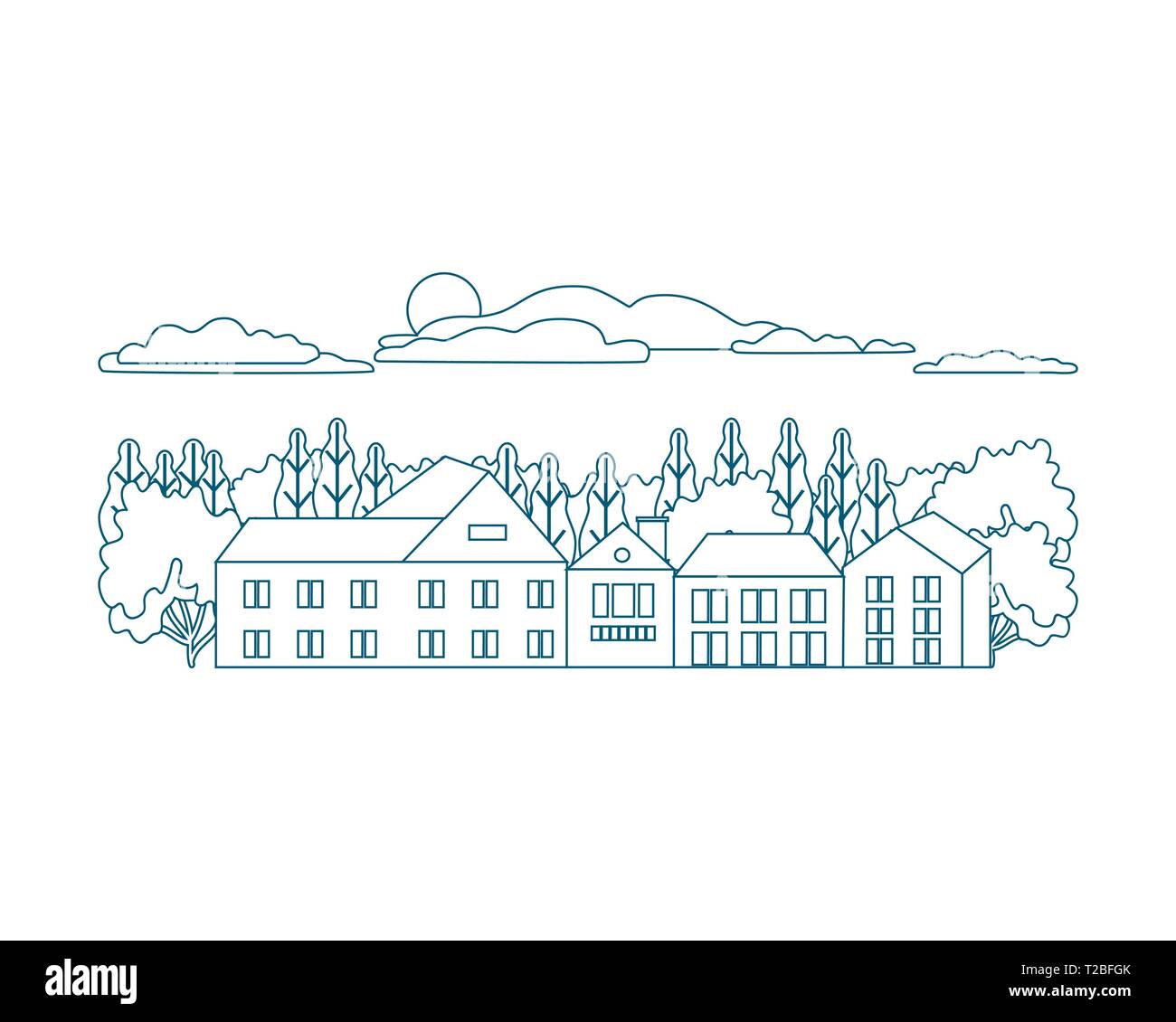 Thin line outline landscape rural farm. Symbol design village outdoor ...