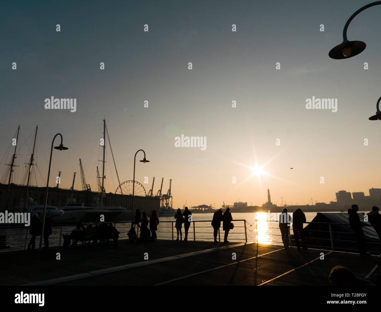 sunset view of the old port of Genoa, the birthplace of Christopher ...