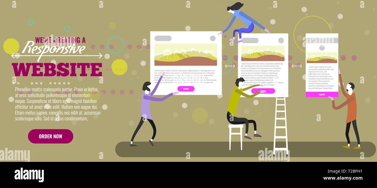 Web designers creatign responsive website. Tiny people making site ...