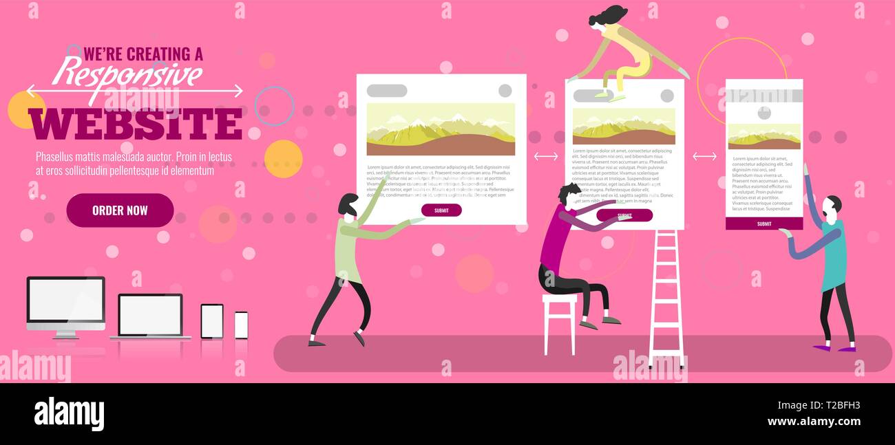 Web designers creatign responsive website. Tiny people making site ...