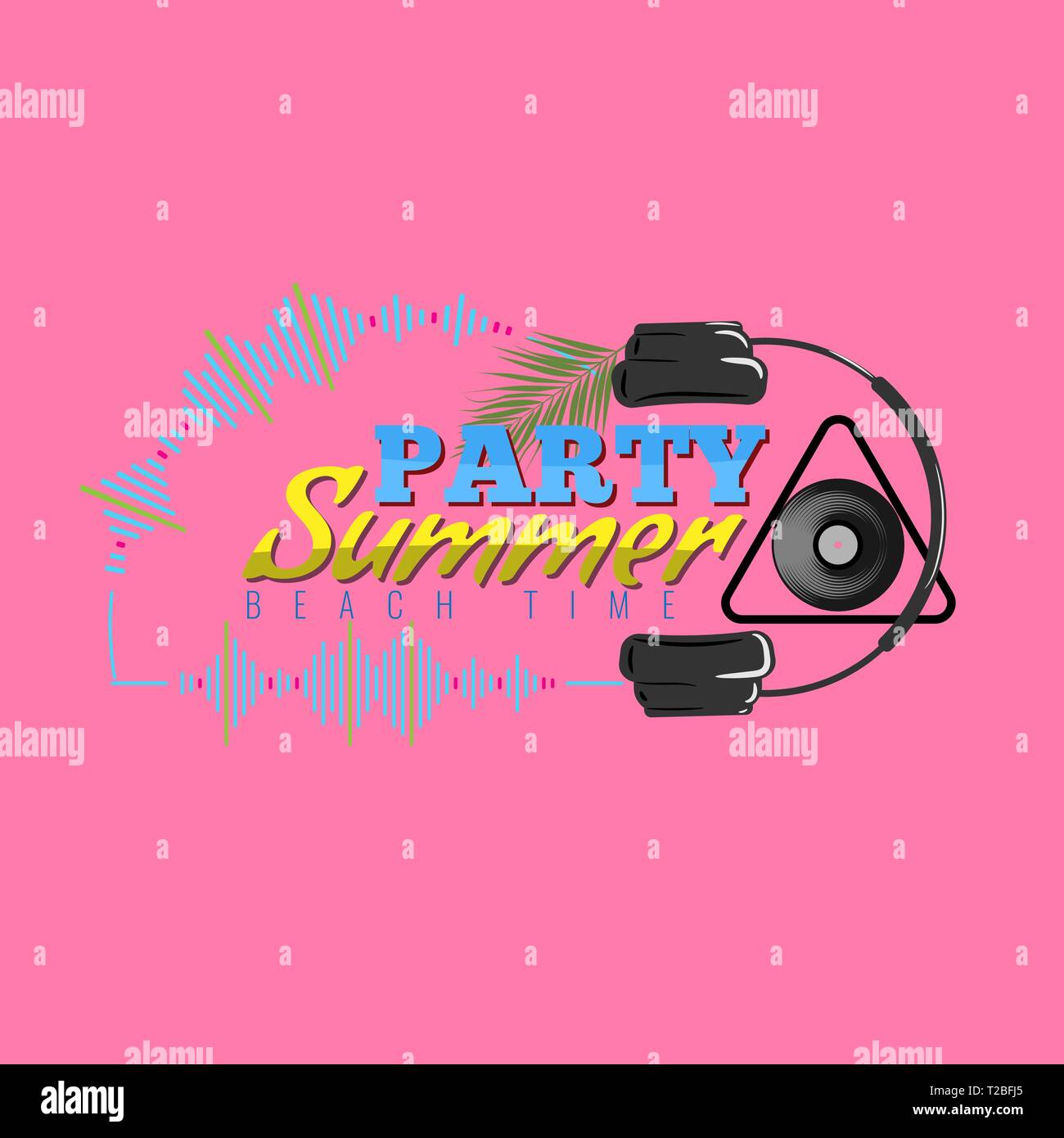 Happy Summer Party Logo with headphone and sound wave icon. Dj concert ...