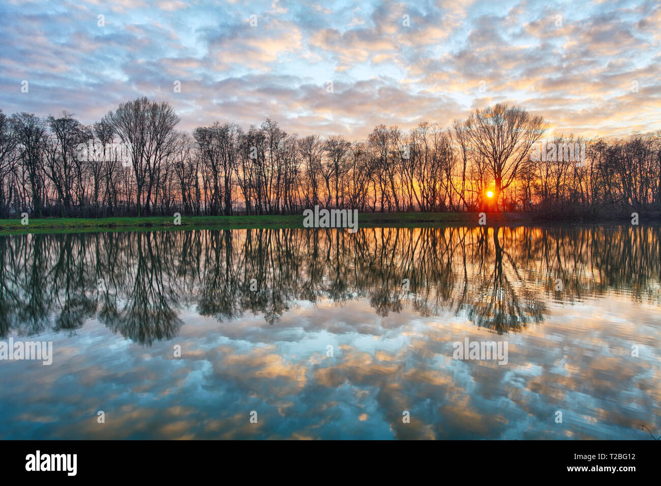 Lake sunset over forest Stock Photo - Alamy