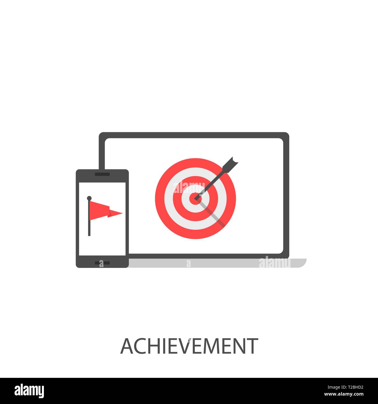 Achievement. Target and red flag, phone and laptop Vector illustration ...
