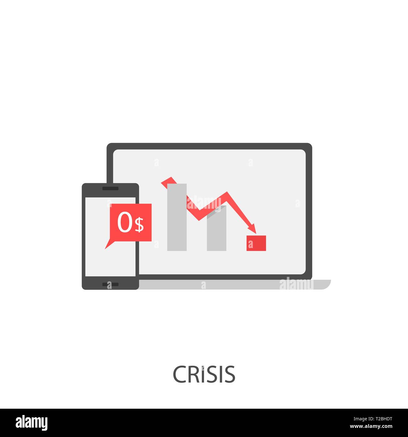 Crisis. Crisis concept, red arrow sign, phone and laptop Vector ...