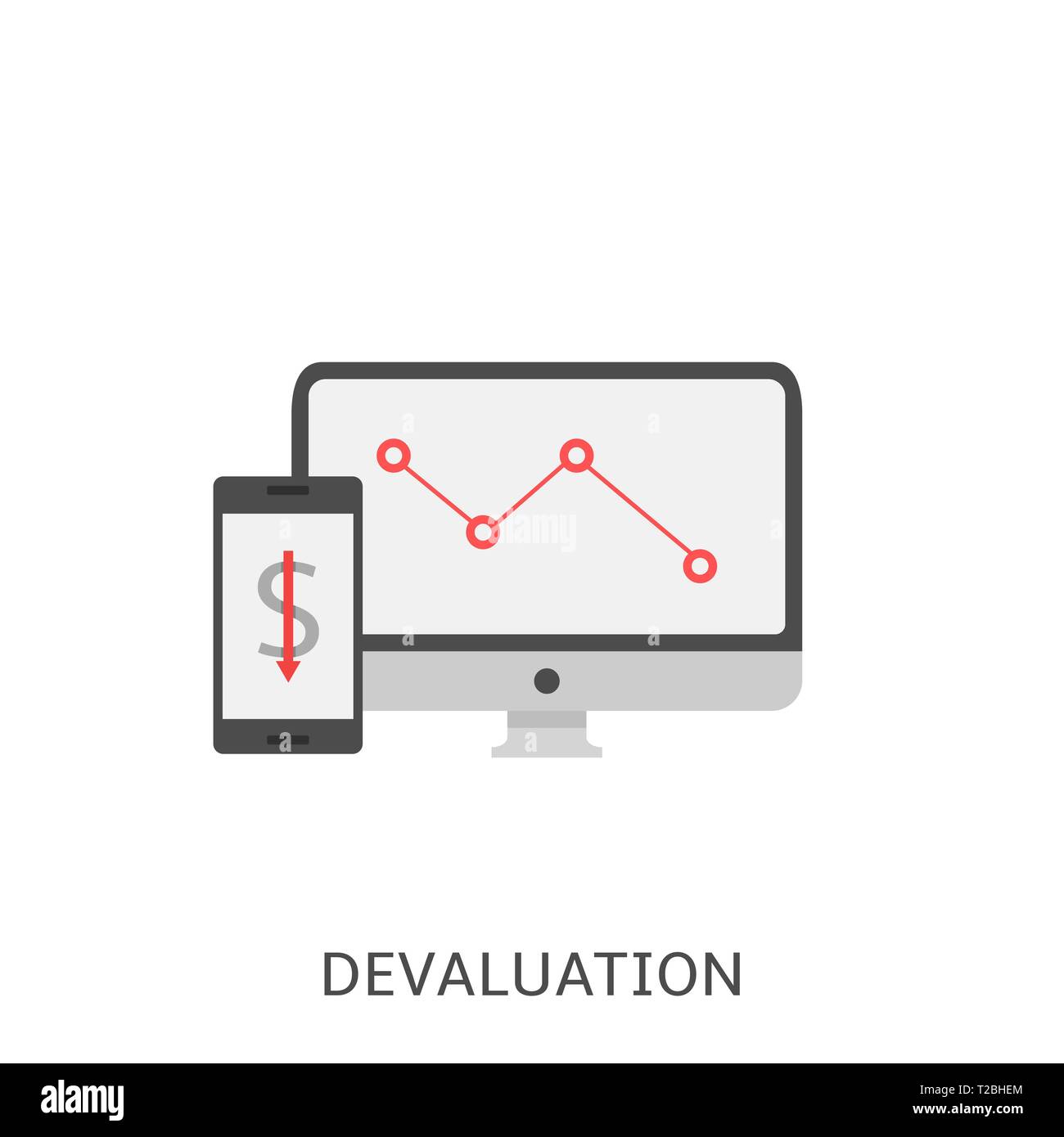 Devaluation. Crisis concept, red arrow sign, phone and laptop Vector ...