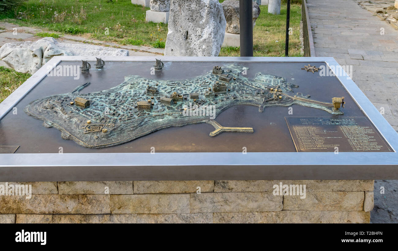 Nessebar, Bulgaria - 7 Sep 2018: Miniature metal map of the Nesebar ...