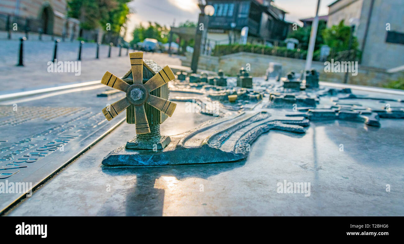 Nessebar, Bulgaria - 7 Sep 2018: Miniature metal map of the Nesebar ...