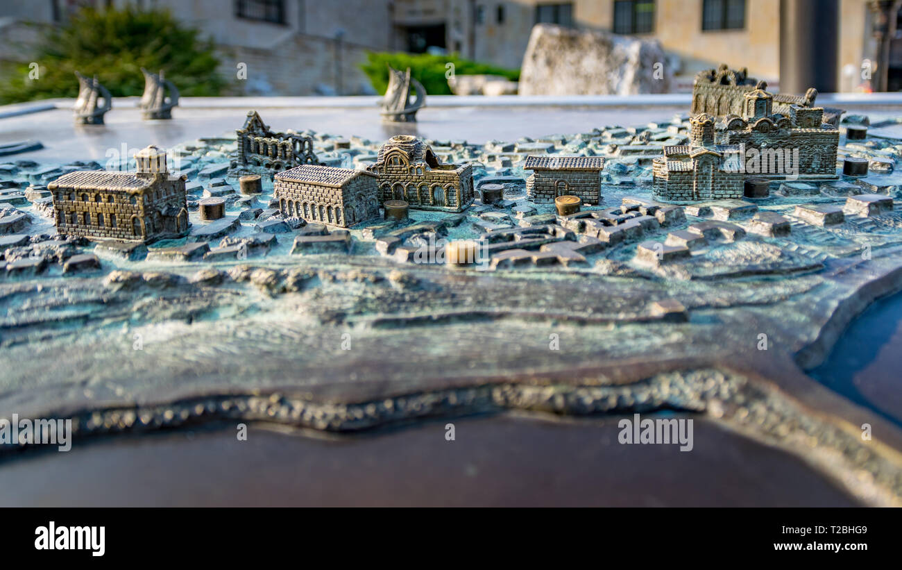 Nessebar, Bulgaria - 7 Sep 2018: Miniature metal map of the Nesebar ...