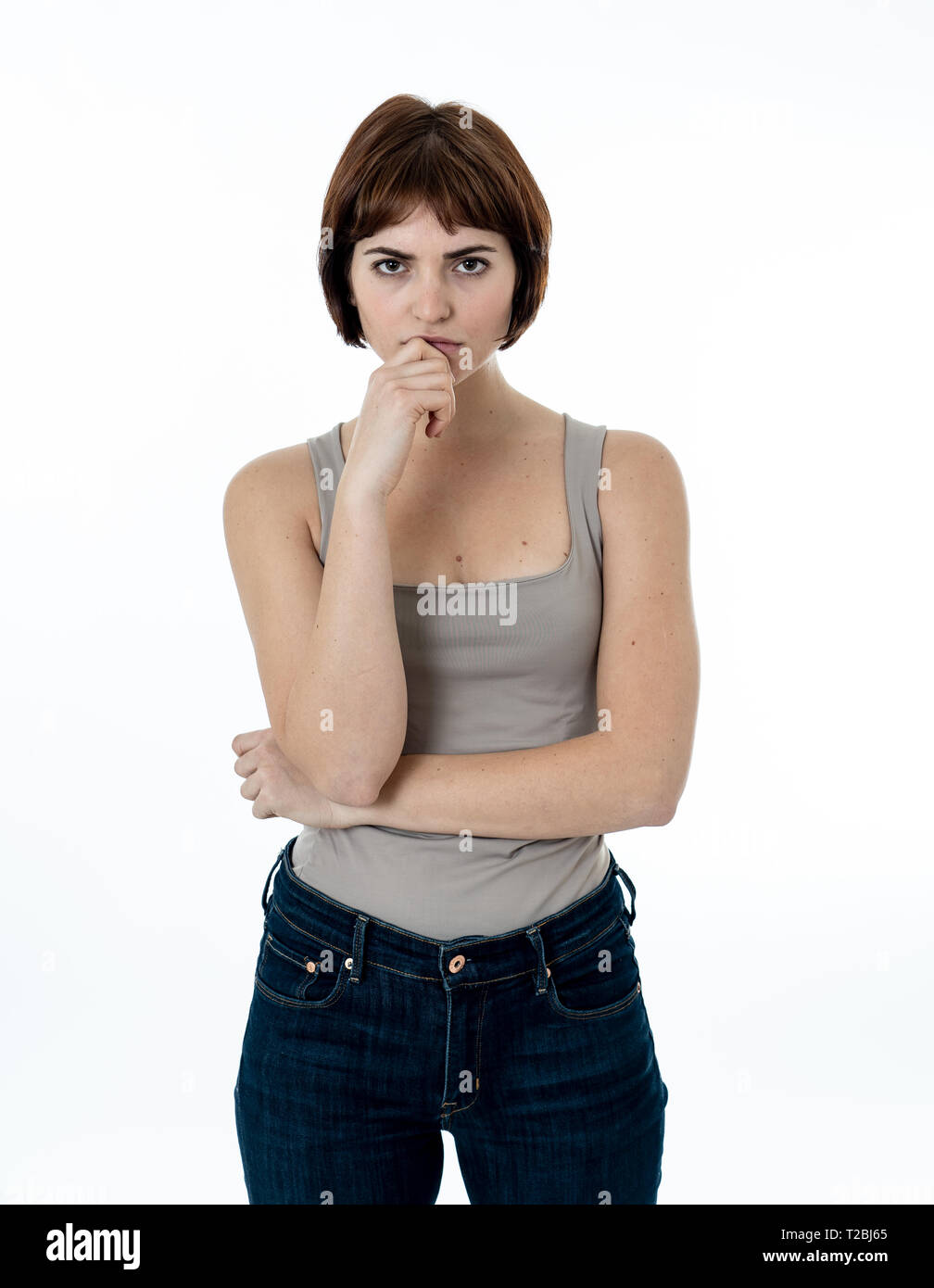 Half length Portrait of young attractive frustrated caucasian woman ...