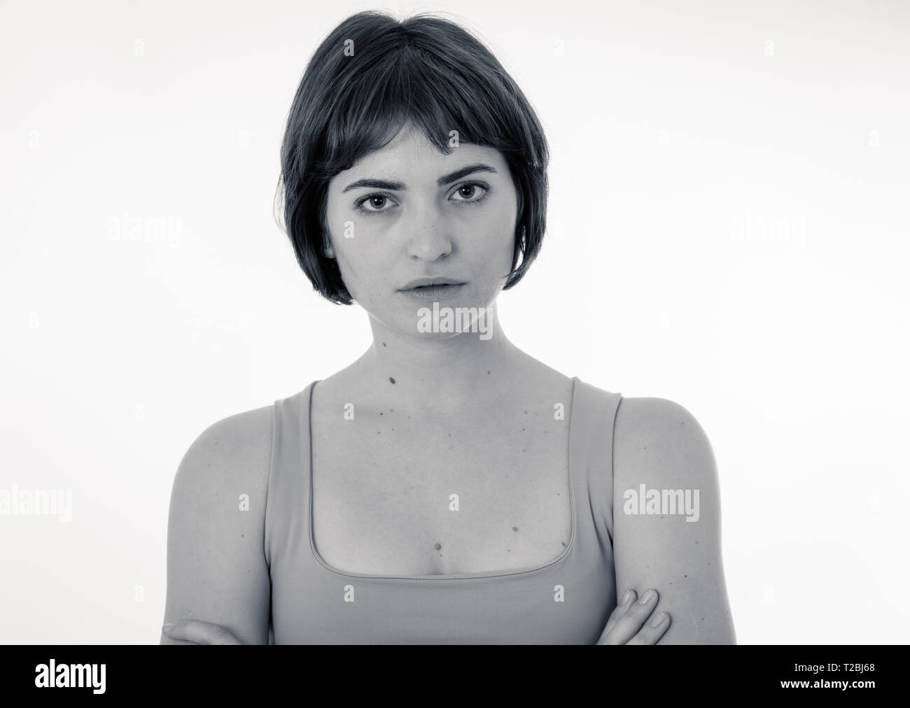 Black and white portrait of young frustrated caucasian woman with angry ...