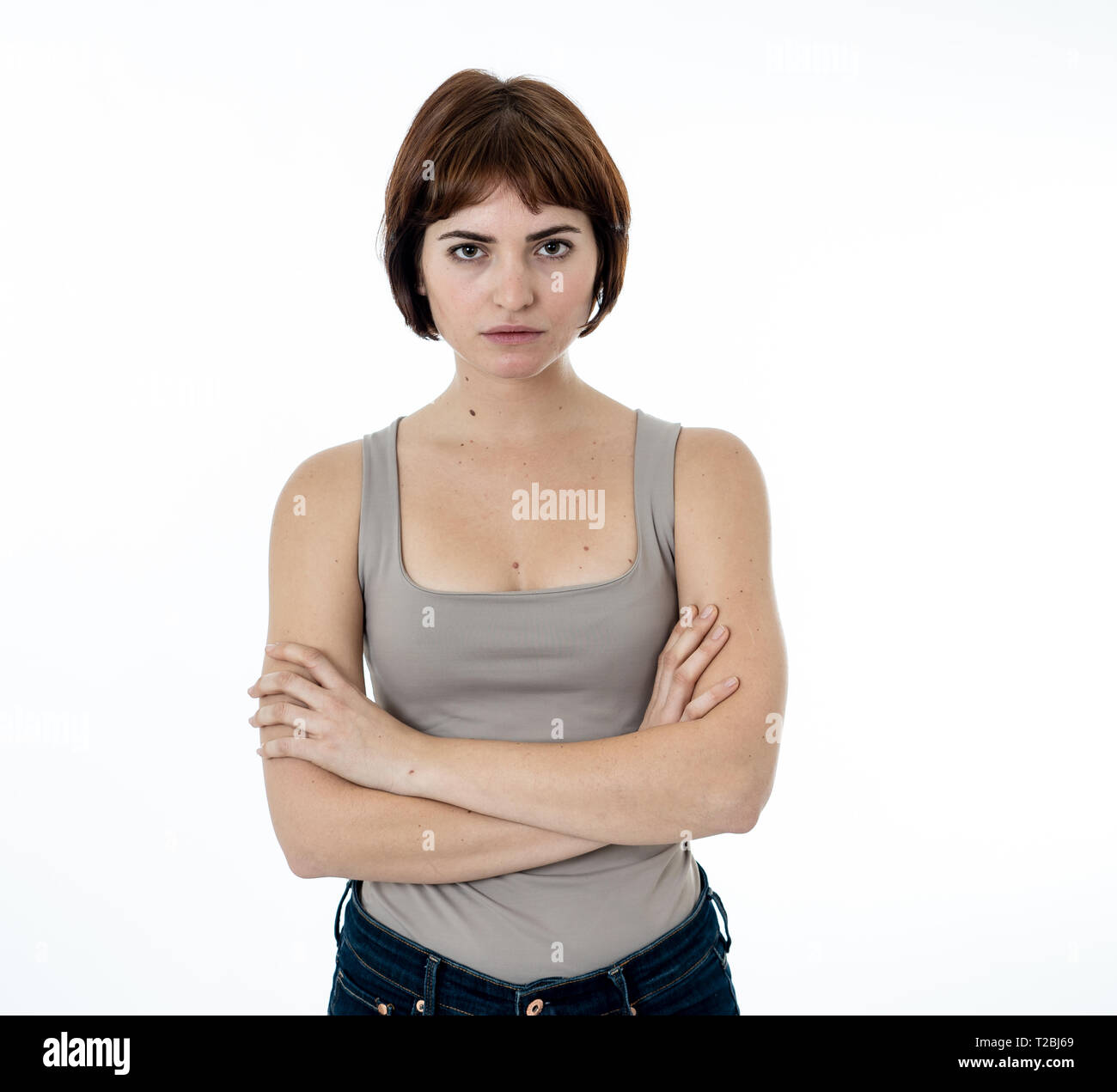 Half length Portrait of young attractive frustrated caucasian woman ...