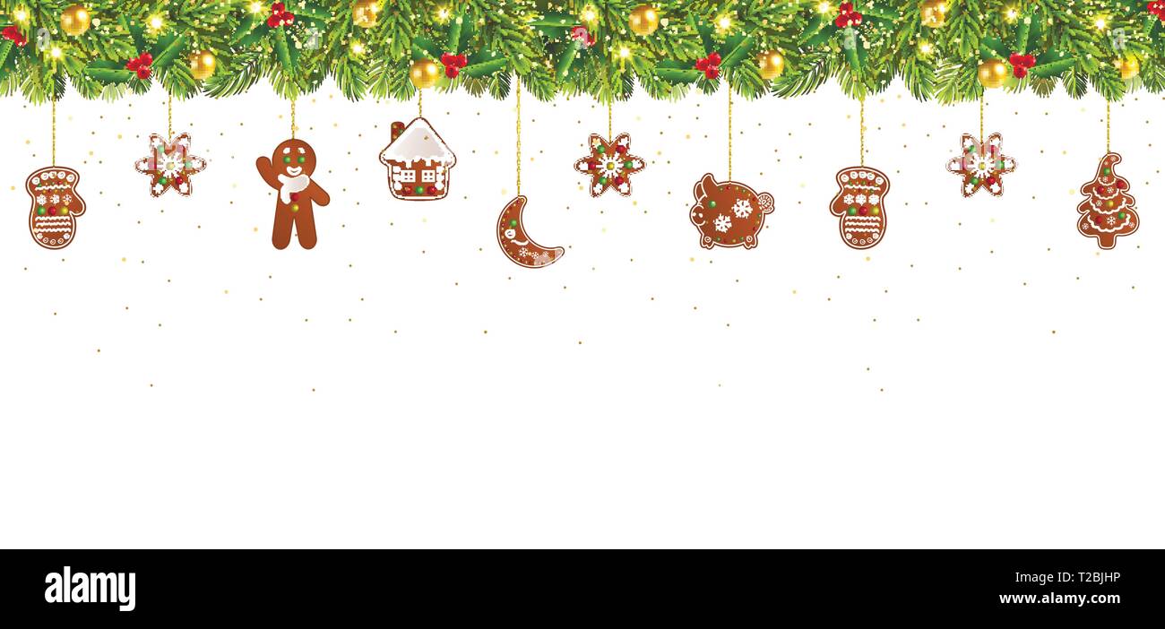 christmas banner with garland and christmas gingerbread on a white ...