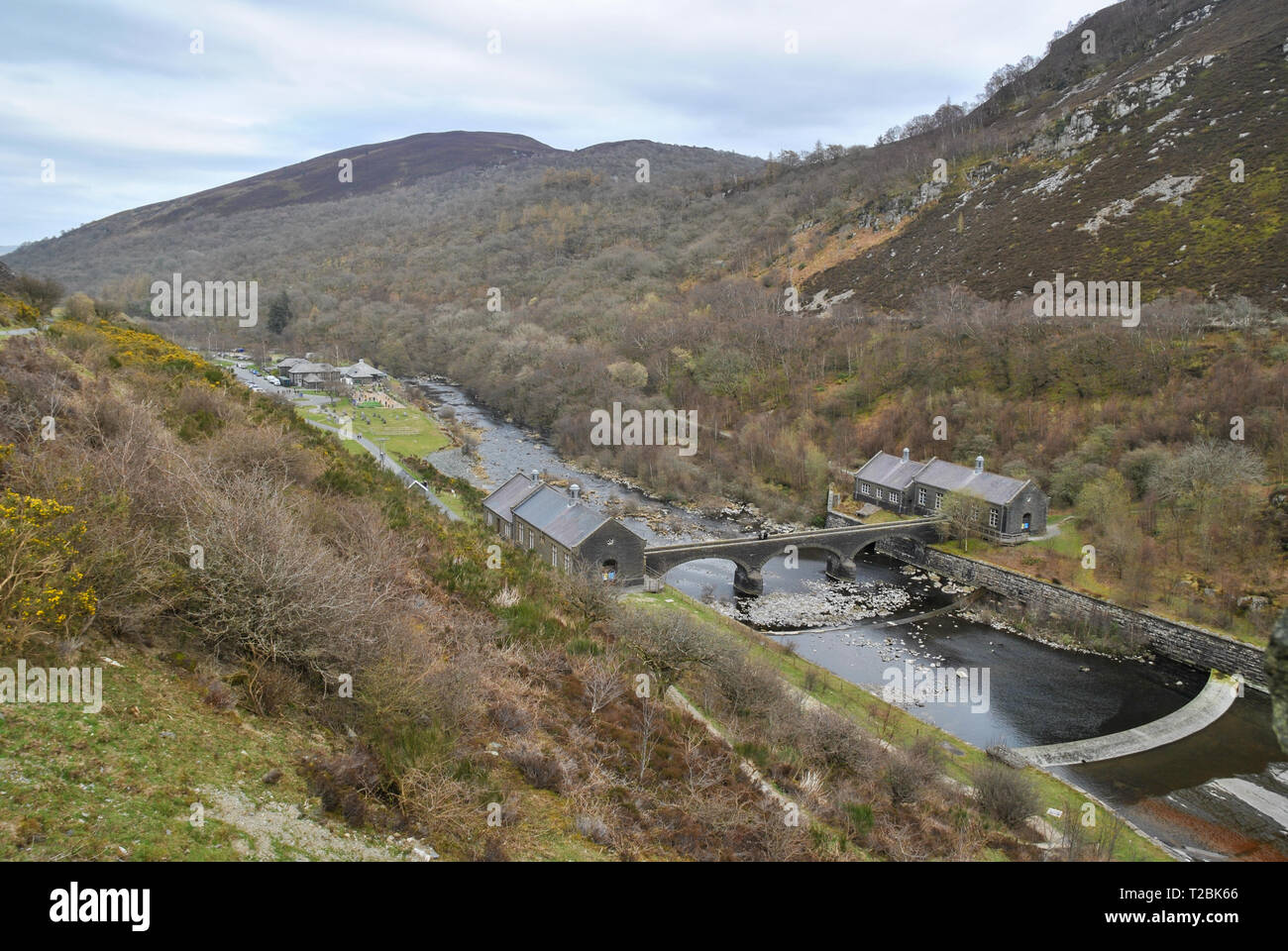 A photograph of the Elan Valley In Wales showing a bridge across a ...
