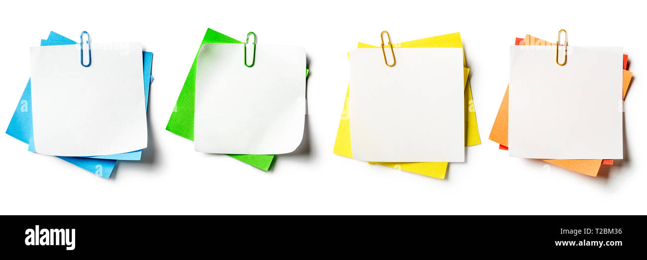 Notepads and note papers with paperclip collection isolated on white ...