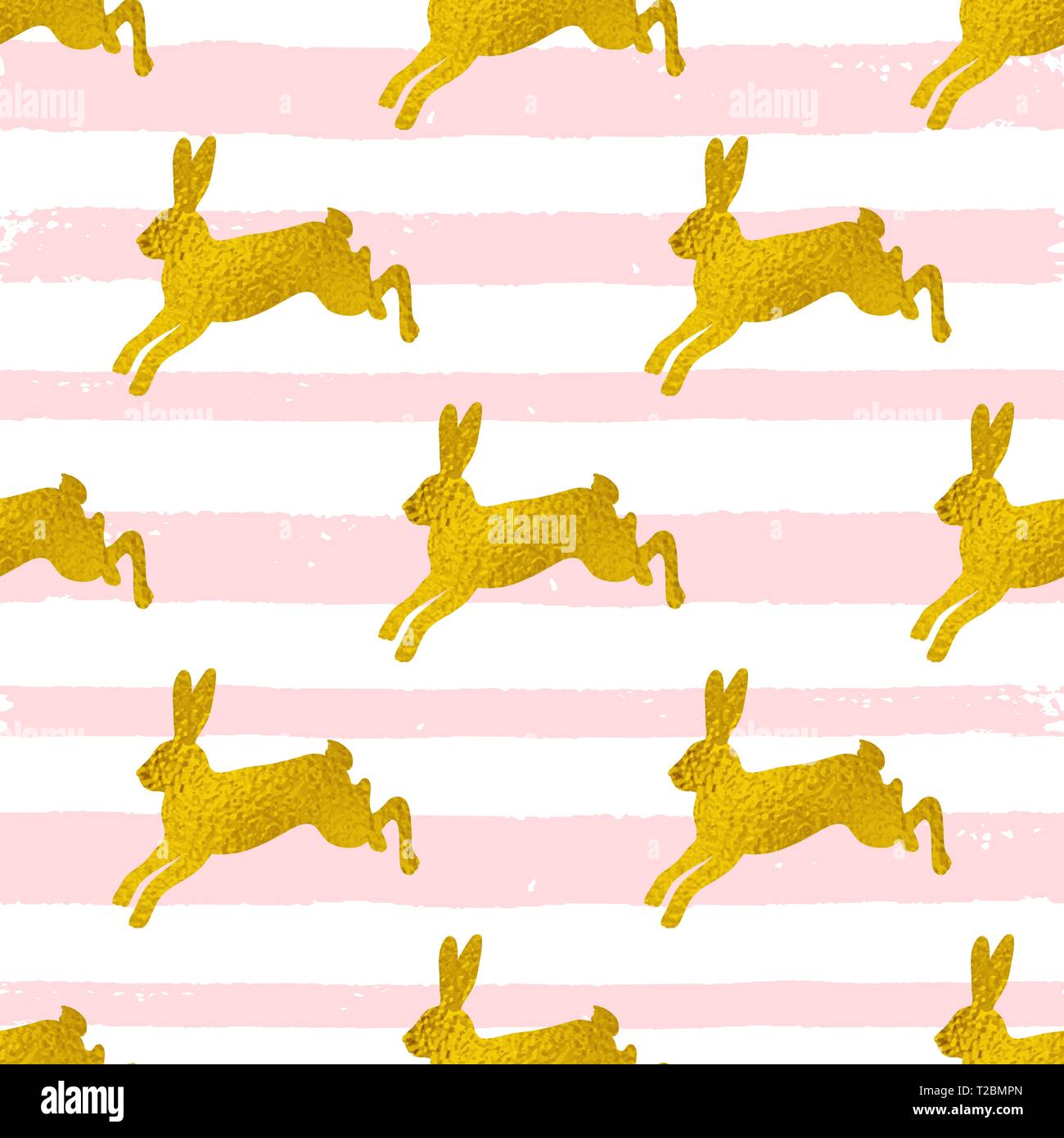 Golden Easter seamless pattern with rabbits on a pink striped ...