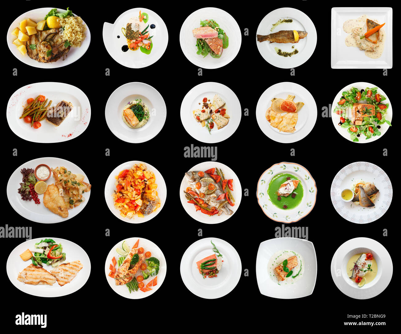 Set of main fish courses isolated on black background Stock Photo - Alamy