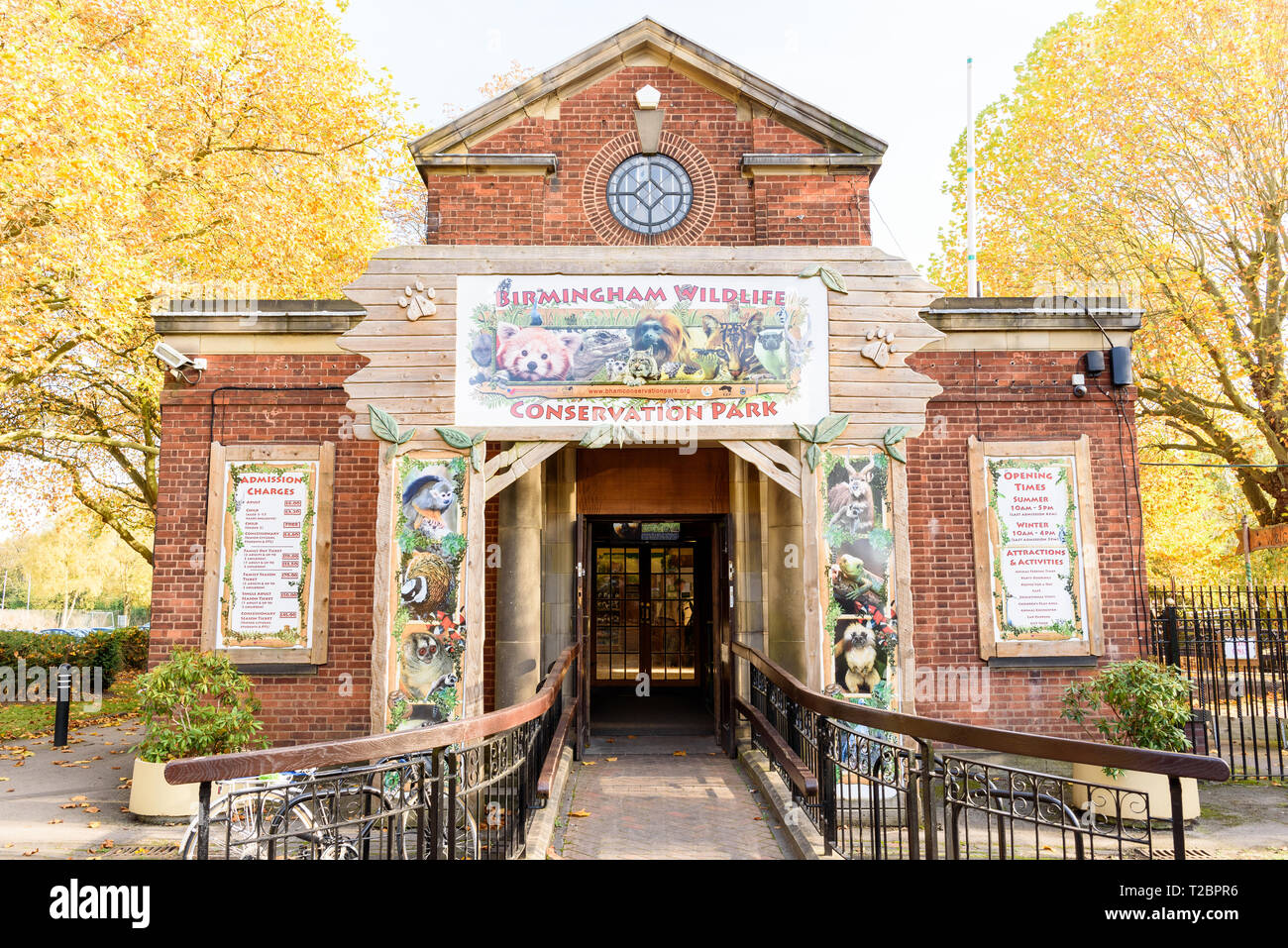 Birmingham Wildlife Conservation Park entrance, with autumnal trees ...