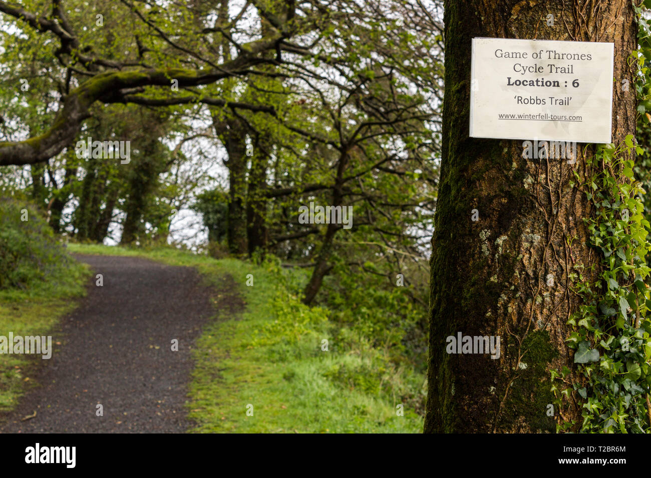 Strangford, Northern Ireland. A Game of Thrones cycle trail sign at ...