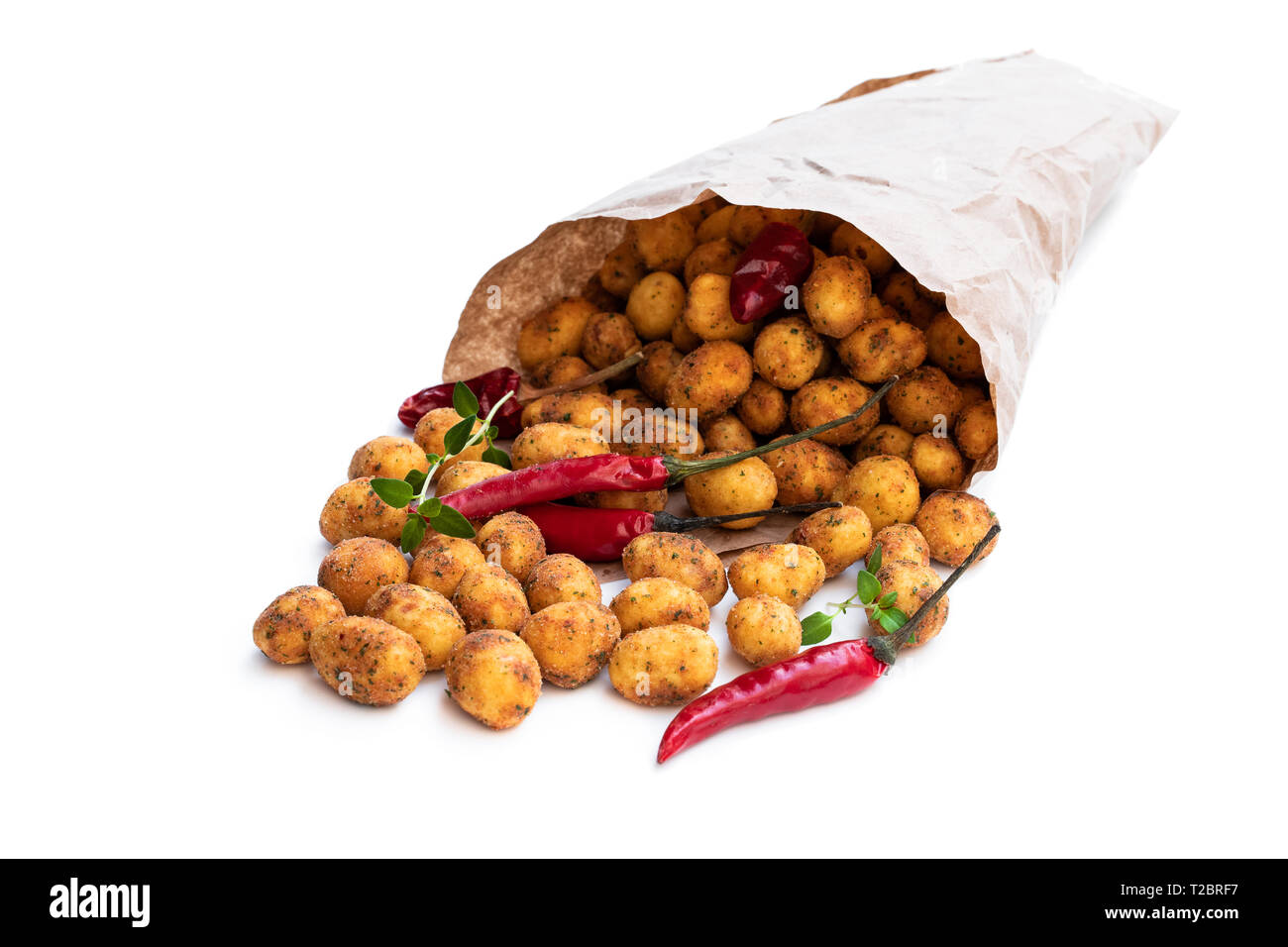 Crispy chilli peanuts snacks paper bag isolated on white Stock Photo ...