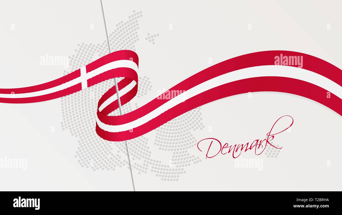 Vector illustration of abstract radial dotted halftone map of Denmark and wavy ribbon with ...