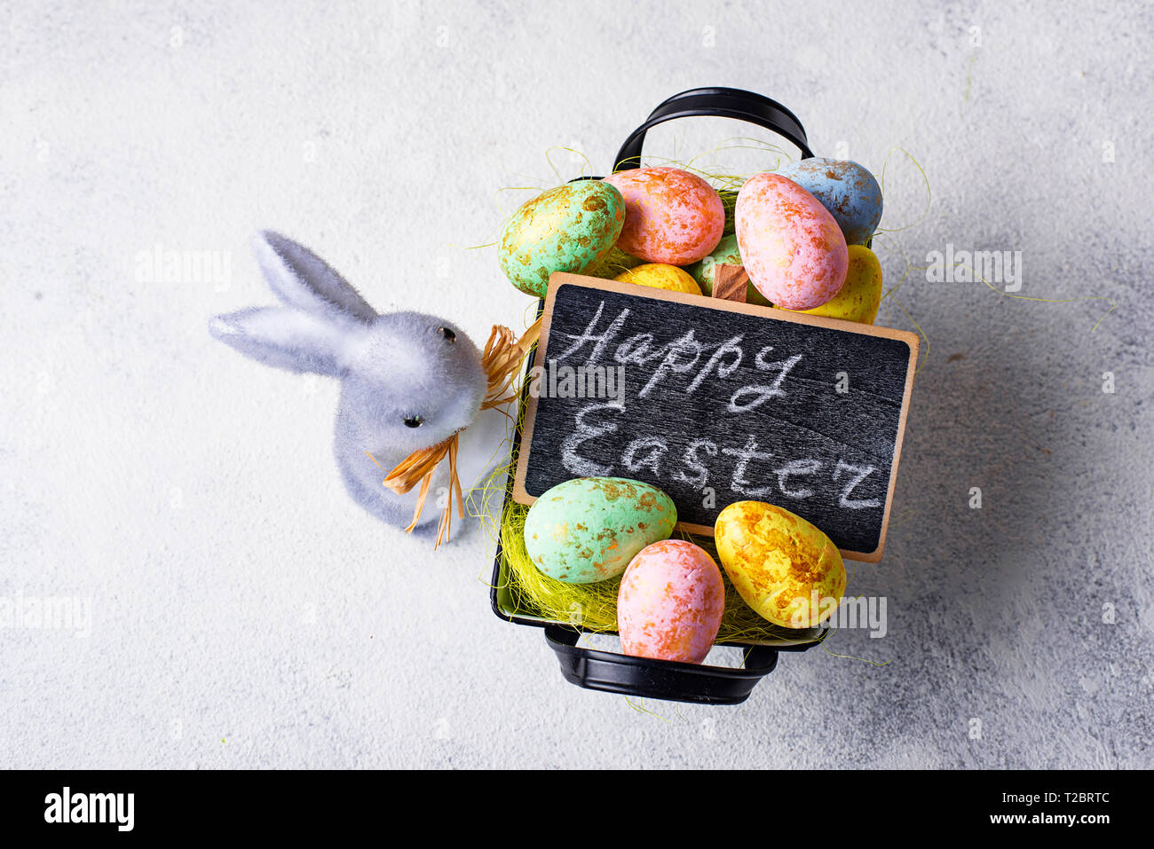 Easter background with decorative colorful eggs and bunny Stock Photo ...