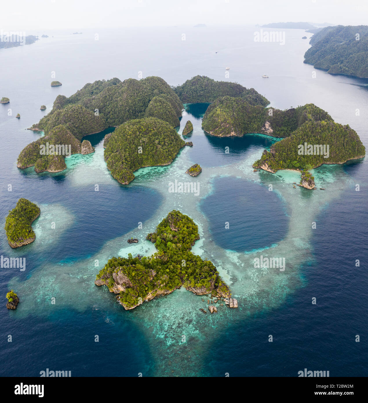 A bird's eye view shows healthy reefs surrounding remote limestone ...