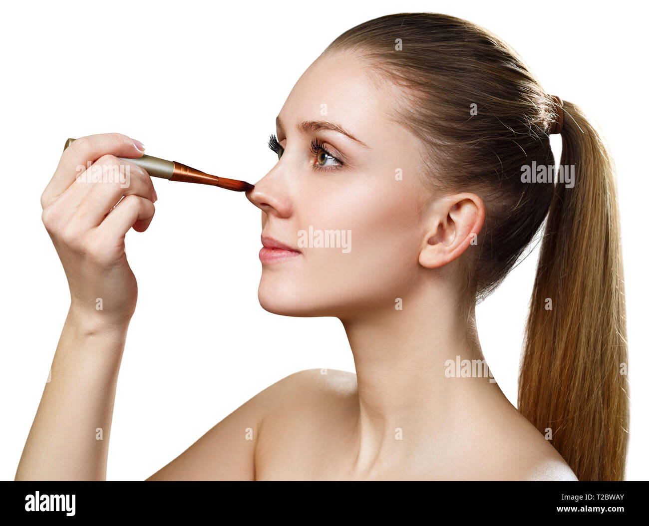 Side view on beautiful female face with perfect skin. Over white ...