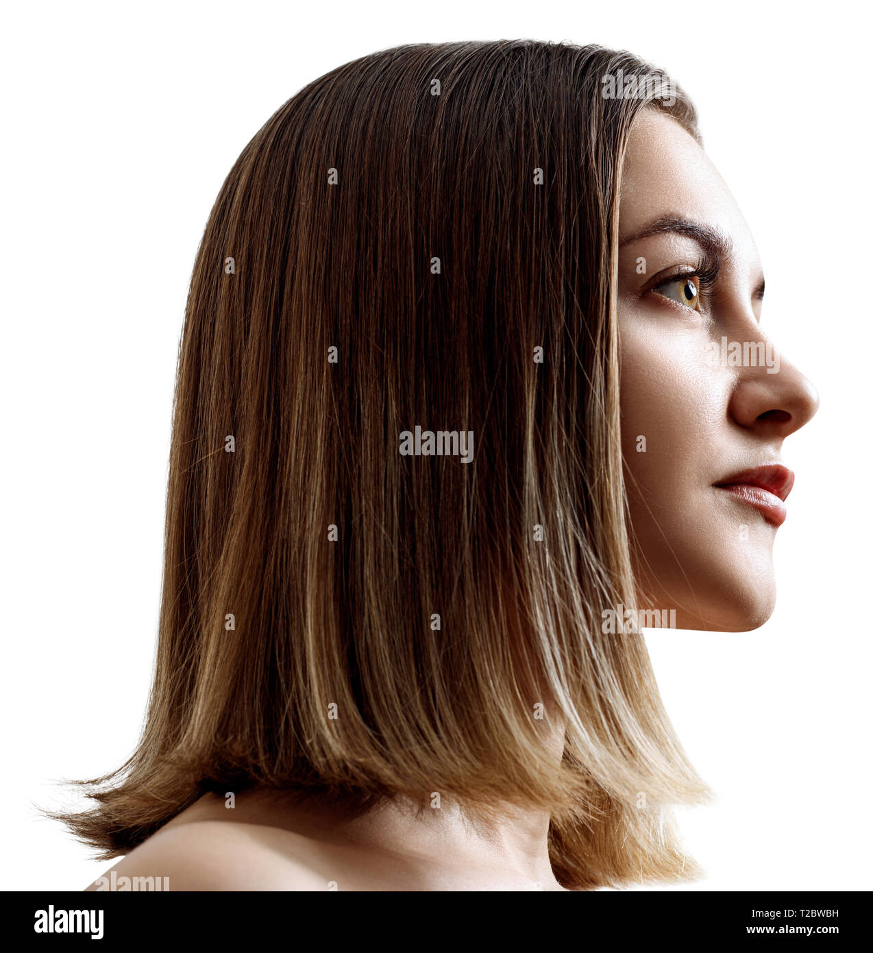 Side view on beautiful female face with perfect skin. Over white ...