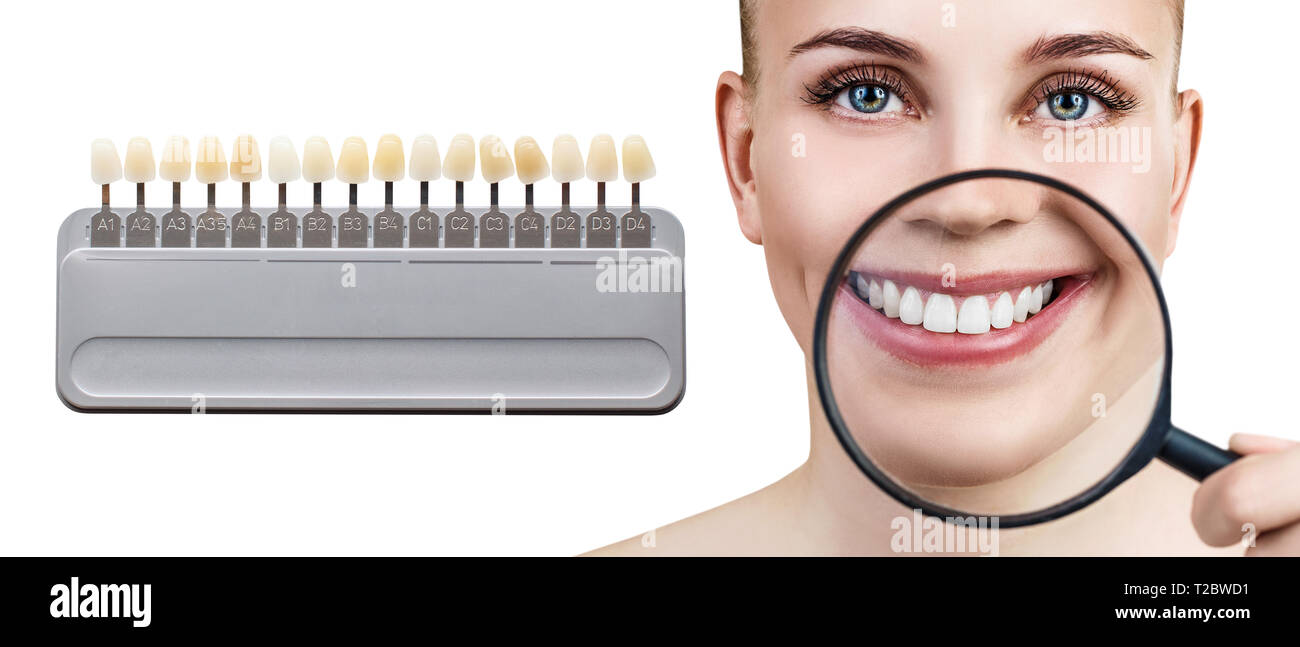 Collage of teeth palette with whitening female teeth. Isolated on white ...